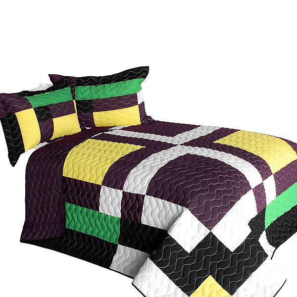 3 Piece Multi Pattern Patchwork Quilt with Vermicelli Stitch Detail and ...