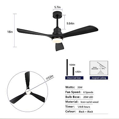 Loheer 52 Inch Modern Ceiling Fan With Light - 3 Solid Wood Blades ...