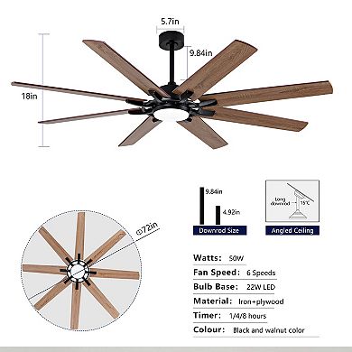 Loheer Large Ceiling Fan With Light, 72-Inch 8-Blade Dimmable Remote ...