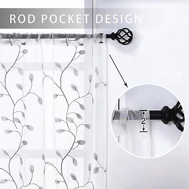 Sheer Voile Valance Leaves Embroidered Rod Pocket Window Curtain 54x16 Inch