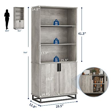 71" Tall 5-Tier Farmhouse Bookcase with Doors, Storage Cabinet ...