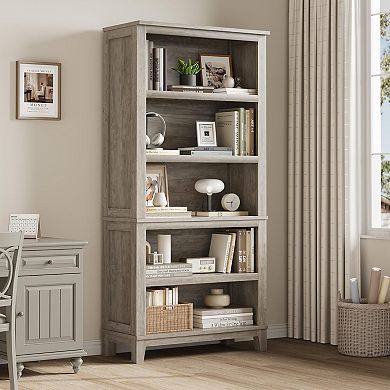 71" Farmhouse Bookcase w/Adjustable Shelves, 5 Tier Tall Bookshelf with ...