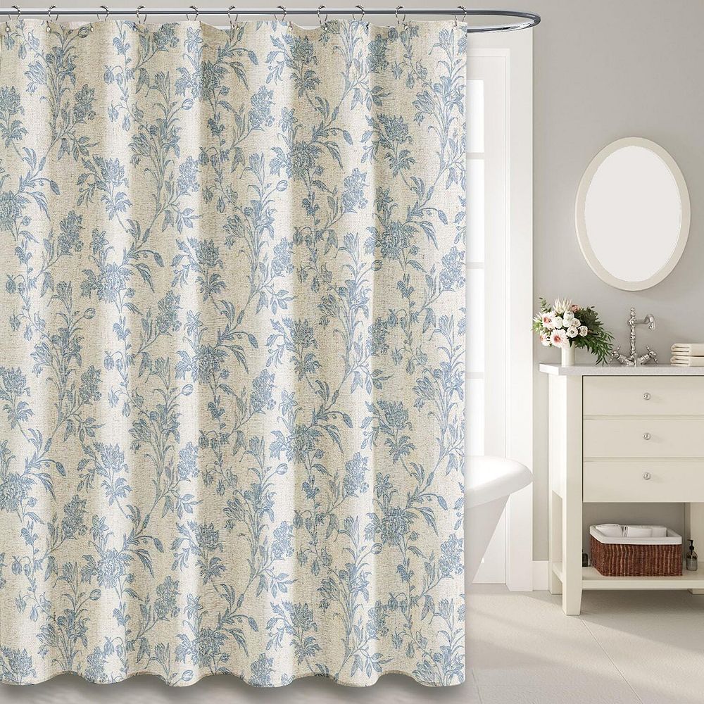 Floral Linen Blend Bathroom Shower Curtain Soft Skin Friendly With Hooks