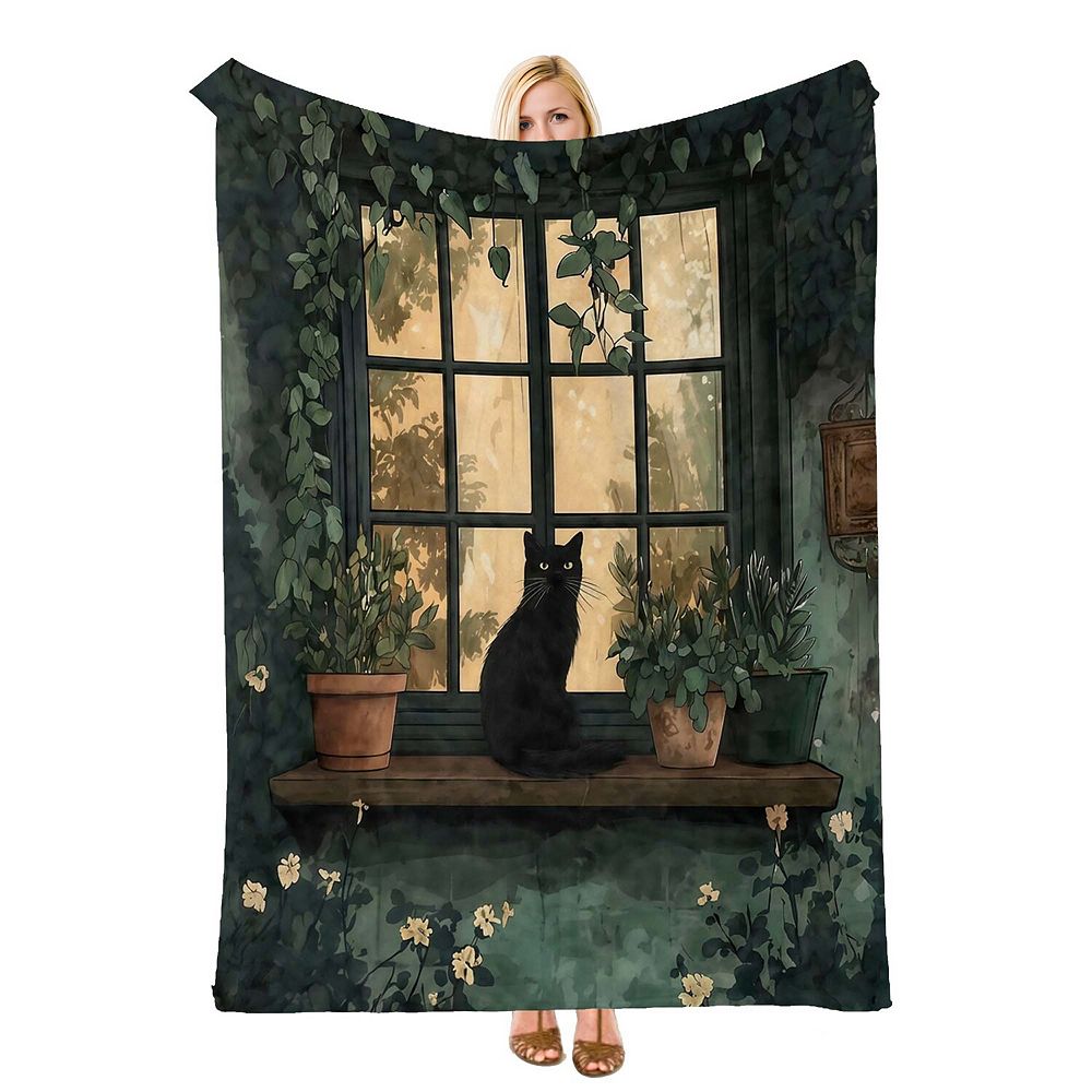 Window Black Cat Ivy Floral Print, Printed Flannel Throw Blanket Soft ...