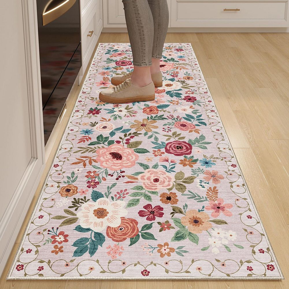 Washable Non Slip Floral Runner Rug Soft Low Pile High Traffic
