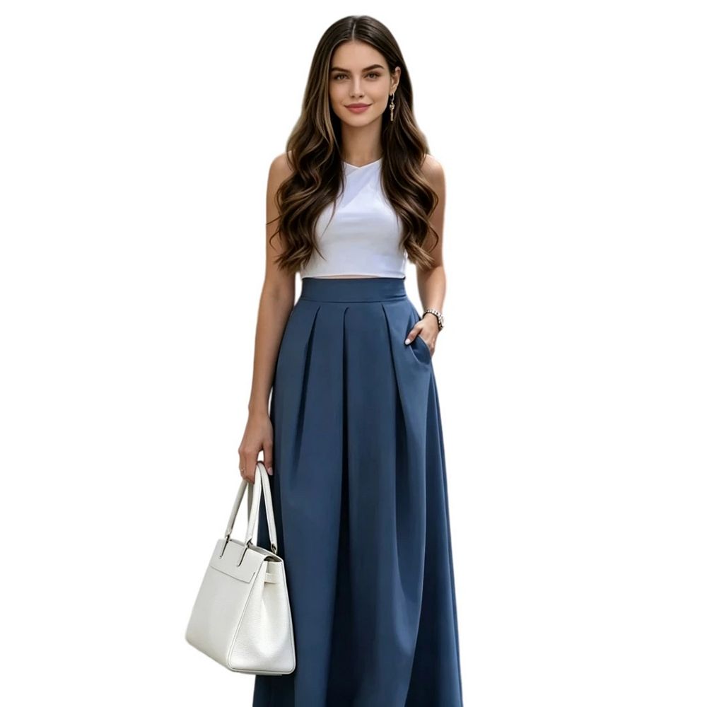 Women's Ankle Length High Waist Solid A Line Pleased Maxi Skirt with ...