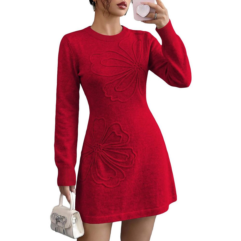 Womens Floral Embroidered Sweater Dress Long Sleeve A-Line Mini