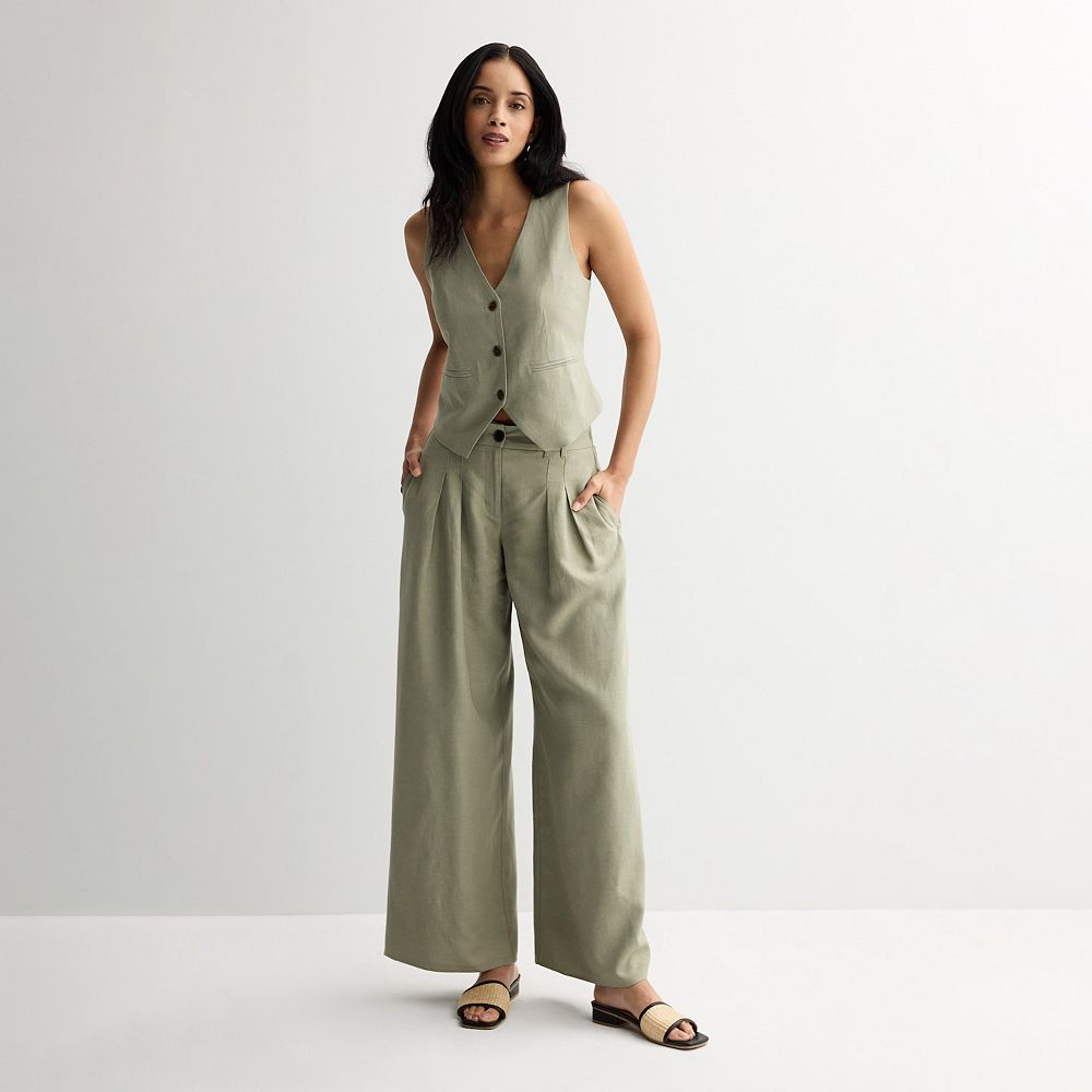 Women's Nine West V-Neck Linen-Blend Button Front Vest & Linen Pants ...