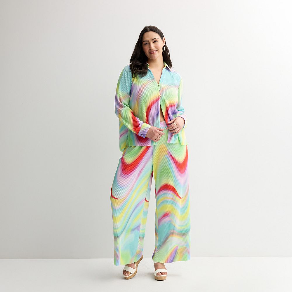Plus Size INTEMPO™ Plisse Print Button Front Top & Pants Matching Set